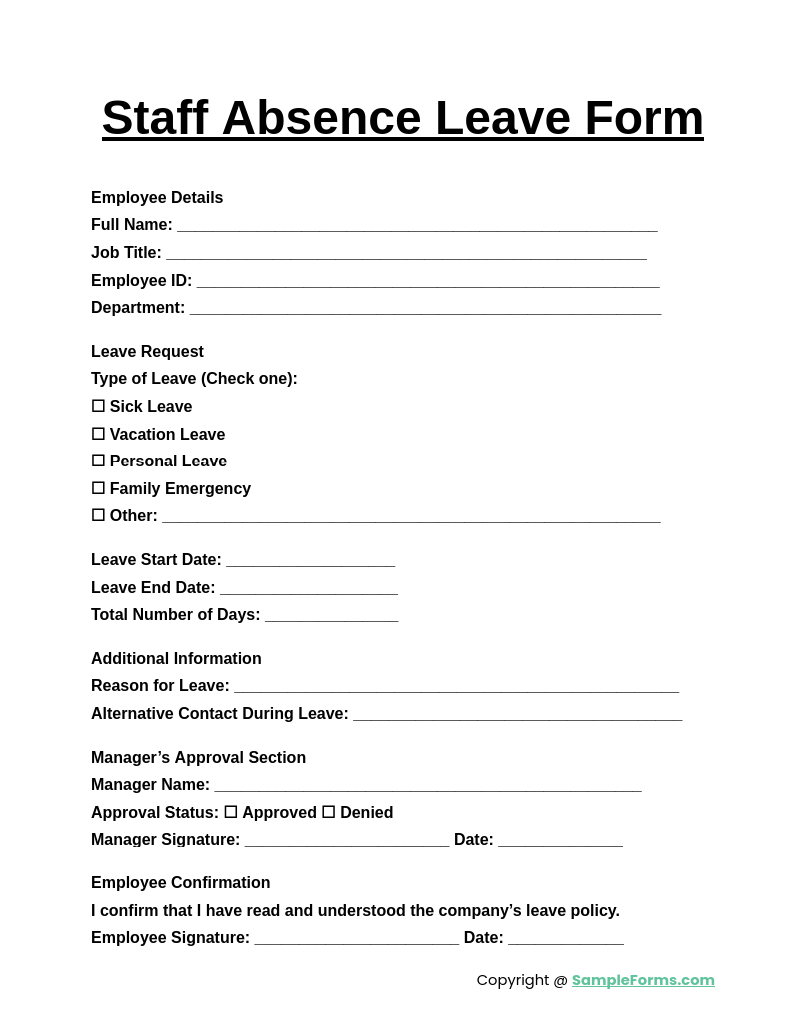 FREE 18+ Staff Absence Form Samples, PDF, MS Word, Google Docs, Excel