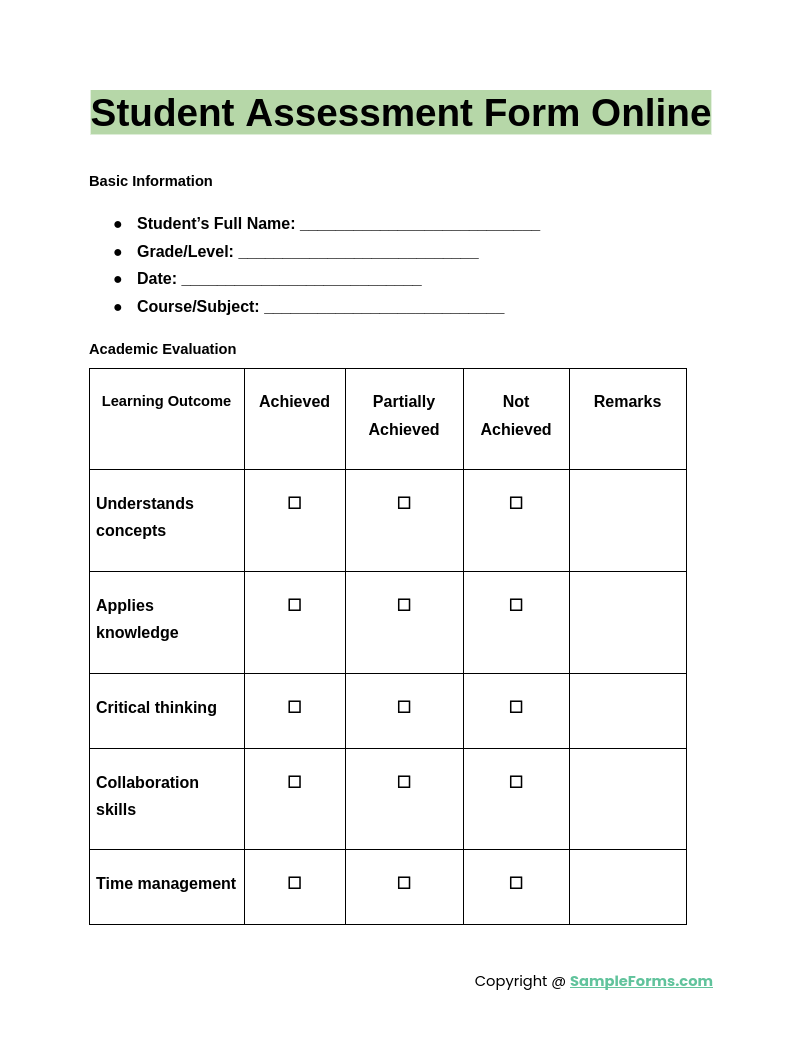FREE 15+ Student Assessment Form Samples, PDF, MS Word, Google Docs, Excel