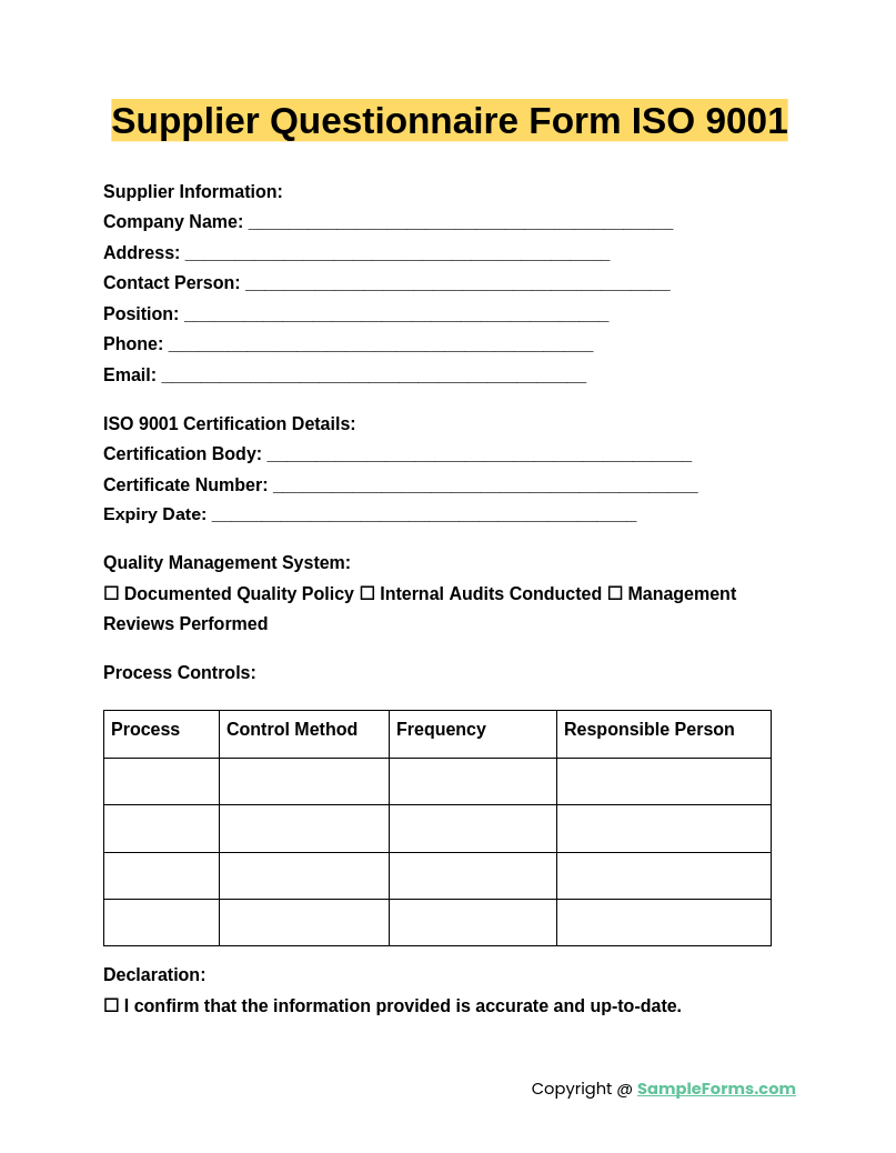 FREE 17+ Supplier Questionnaire Form Samples, PDF, MS Word, Google Docs ...