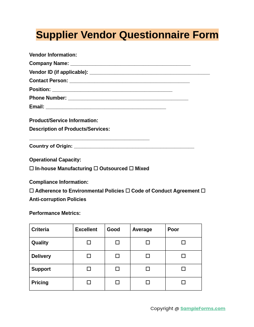 FREE 17+ Supplier Questionnaire Form Samples, PDF, MS Word, Google Docs ...