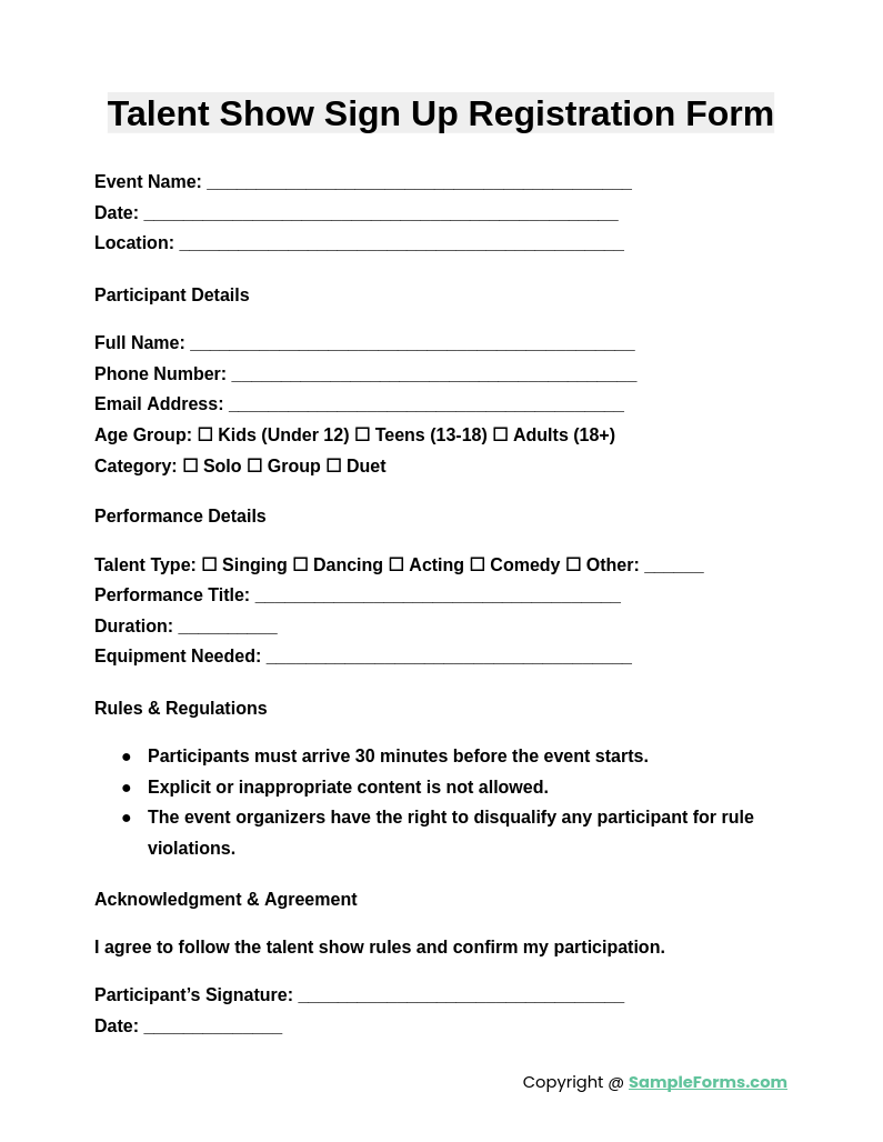 FREE 15+ Talent Show Registration Form Samples, PDF, MS Word, Google Docs