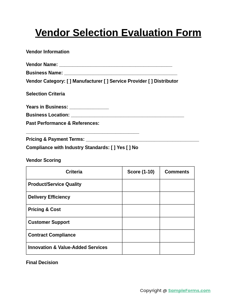 FREE 13+ Vendor Evaluation Form Samples, PDF, MS Word, Google Docs