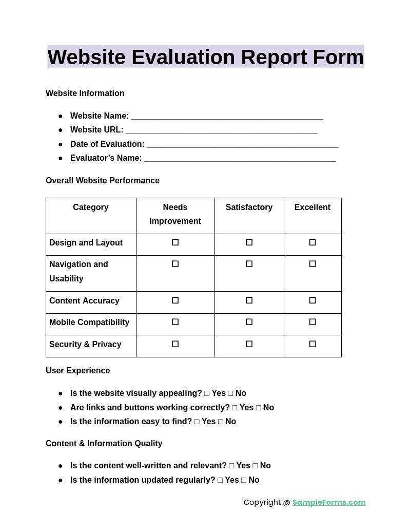 FREE 12+ Website Evaluation Form Samples, PDF, MS Word, Google Docs