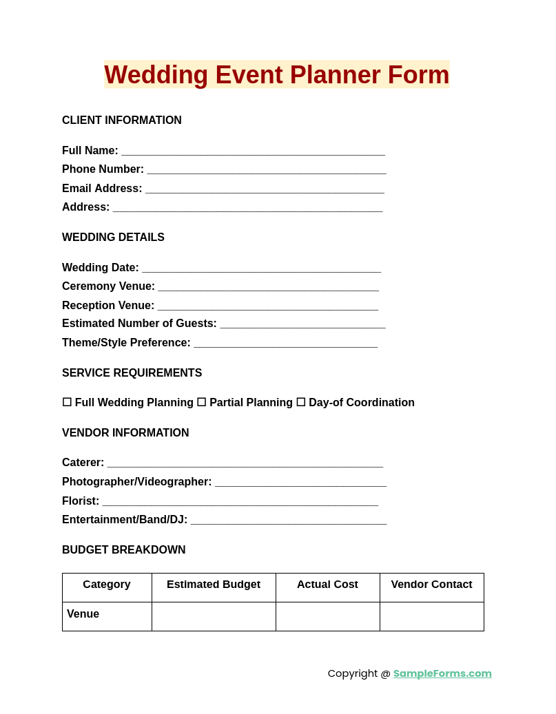 FREE 13+ Event Planner Form Samples, PDF, MS Word, Google Docs, Excel