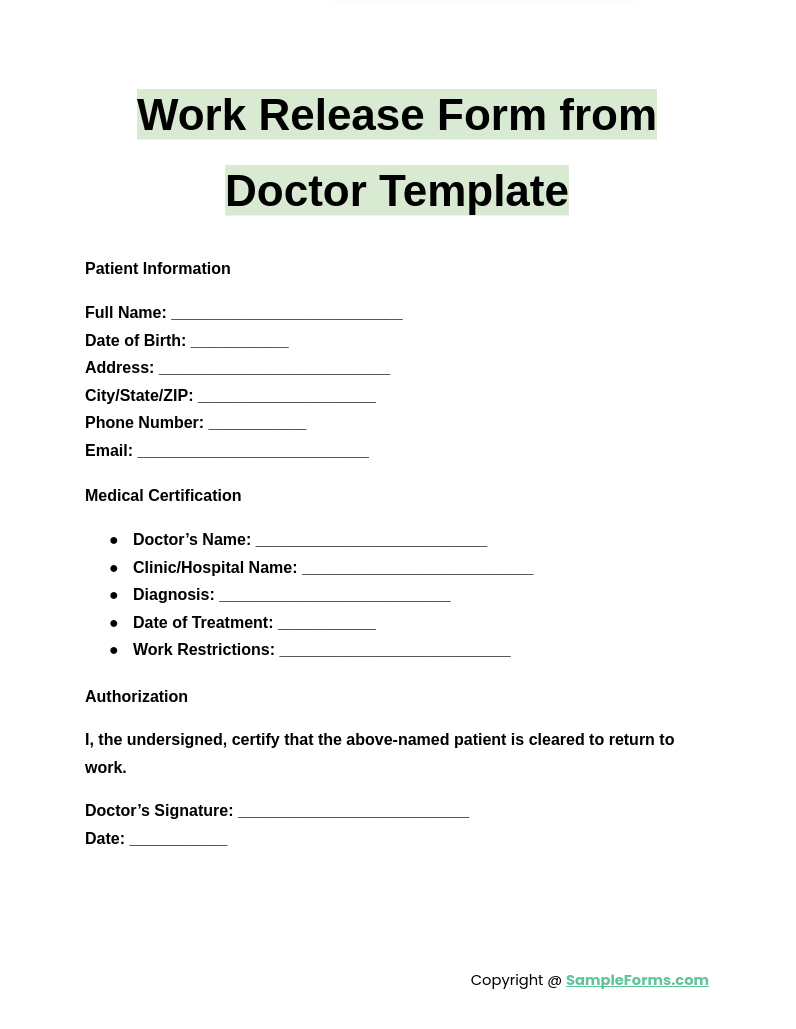 FREE 13+ Work Release Form Samples, PDF, MS Word, Google Docs