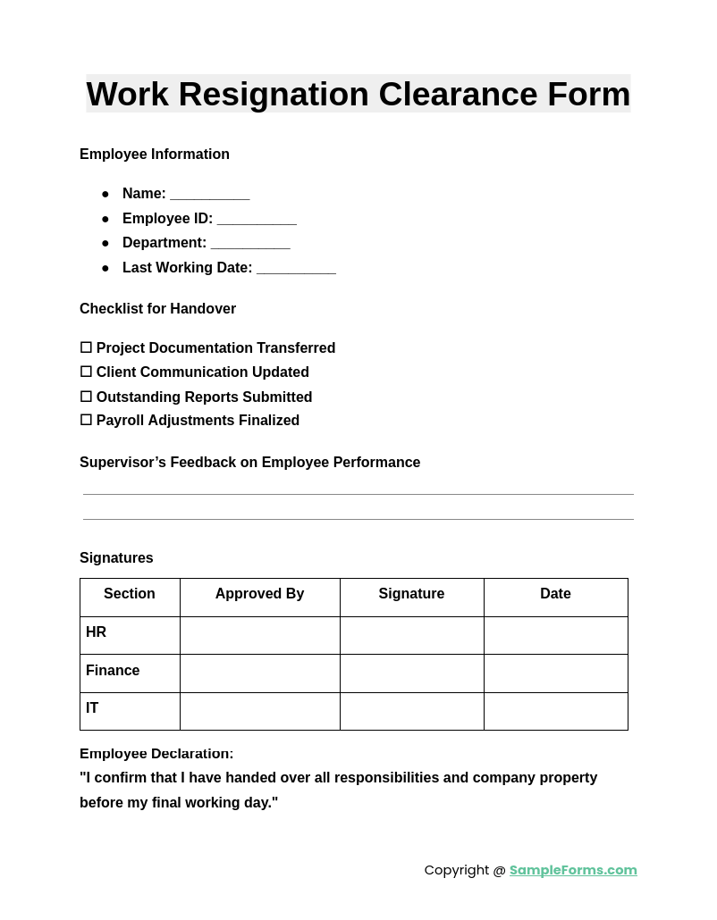 FREE 10+ Resignation Clearance Form Samples, PDF, MS Word, Google Docs