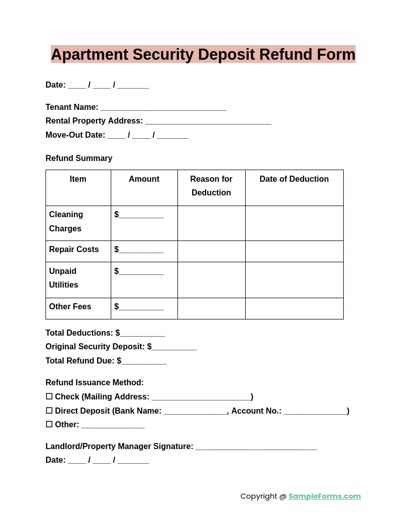 FREE 12+ Security Deposit Refund Form Samples, PDF, MS Word, Google Docs