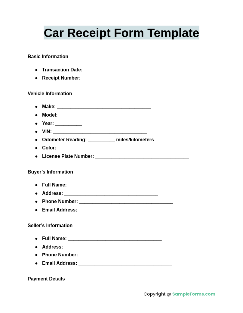 FREE 11+ Car Receipt Form Samples, PDF, MS Word, Google Docs