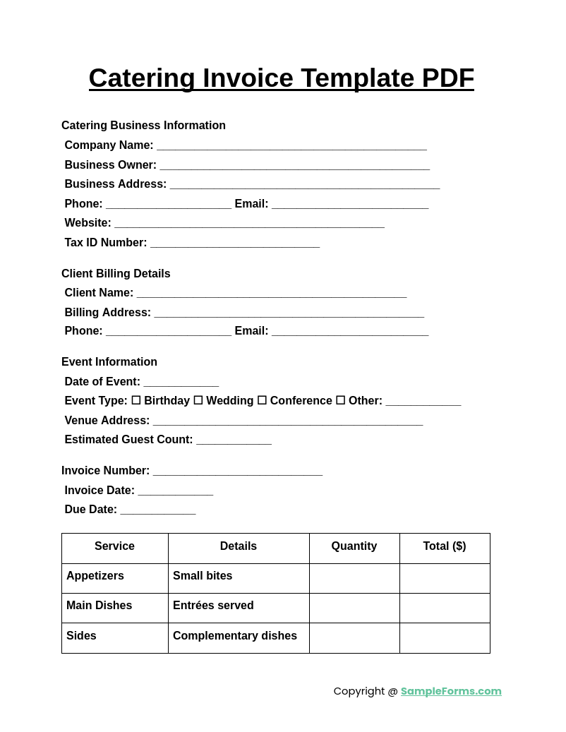 FREE 12+ Catering Invoice Form Samples, PDF, MS Word, Google Docs