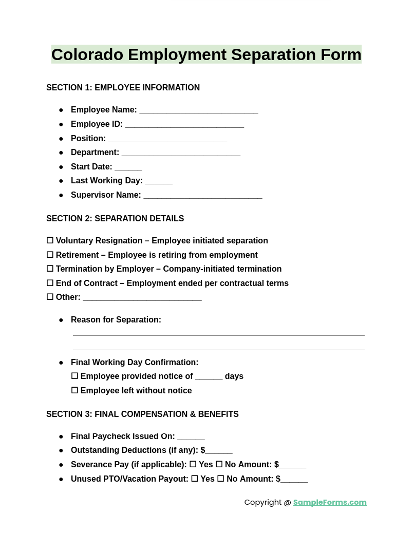 FREE 13+ Employment Separation Form Samples, PDF, MS Word, Google Docs
