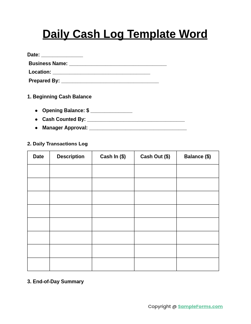 FREE 11+ Daily Cash Log Samples, PDF, MS Word, Google Docs, Excel