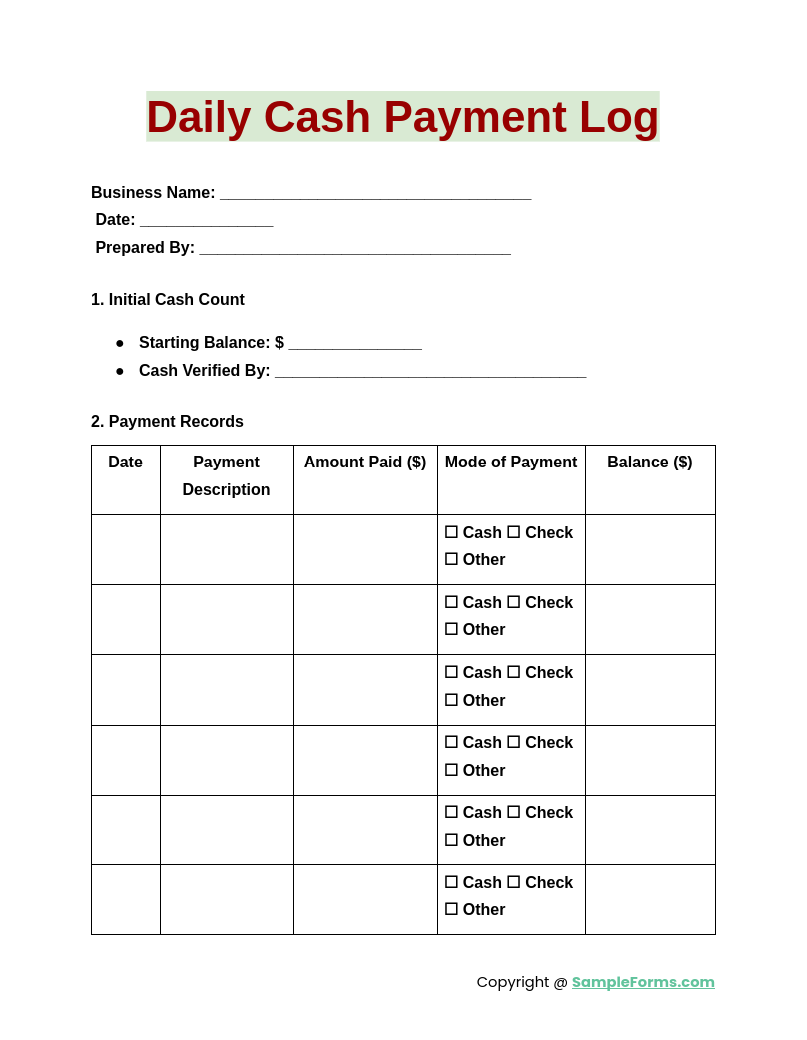 FREE 11+ Daily Cash Log Samples, PDF, MS Word, Google Docs, Excel