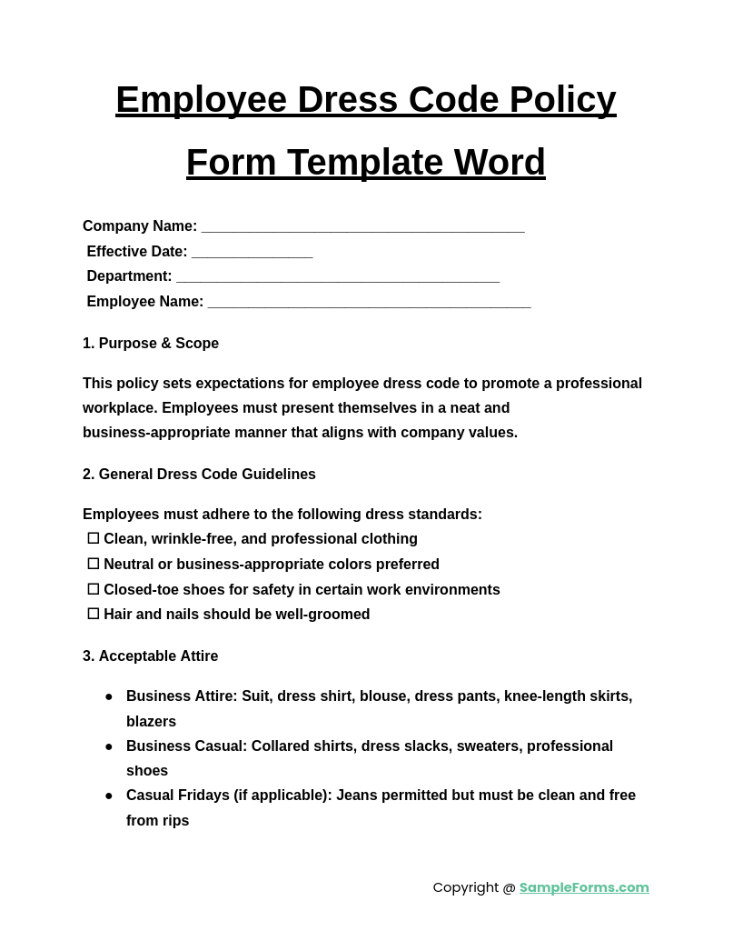 FREE 12+ Employee Dress Code Policy Form Samples, PDF, MS Word, Google Docs