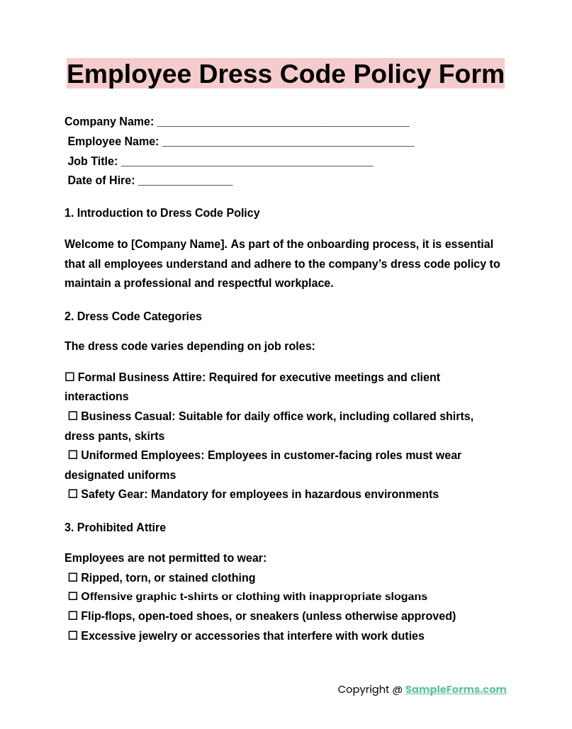 FREE 12+ Employee Dress Code Policy Form Samples, PDF, MS Word, Google Docs