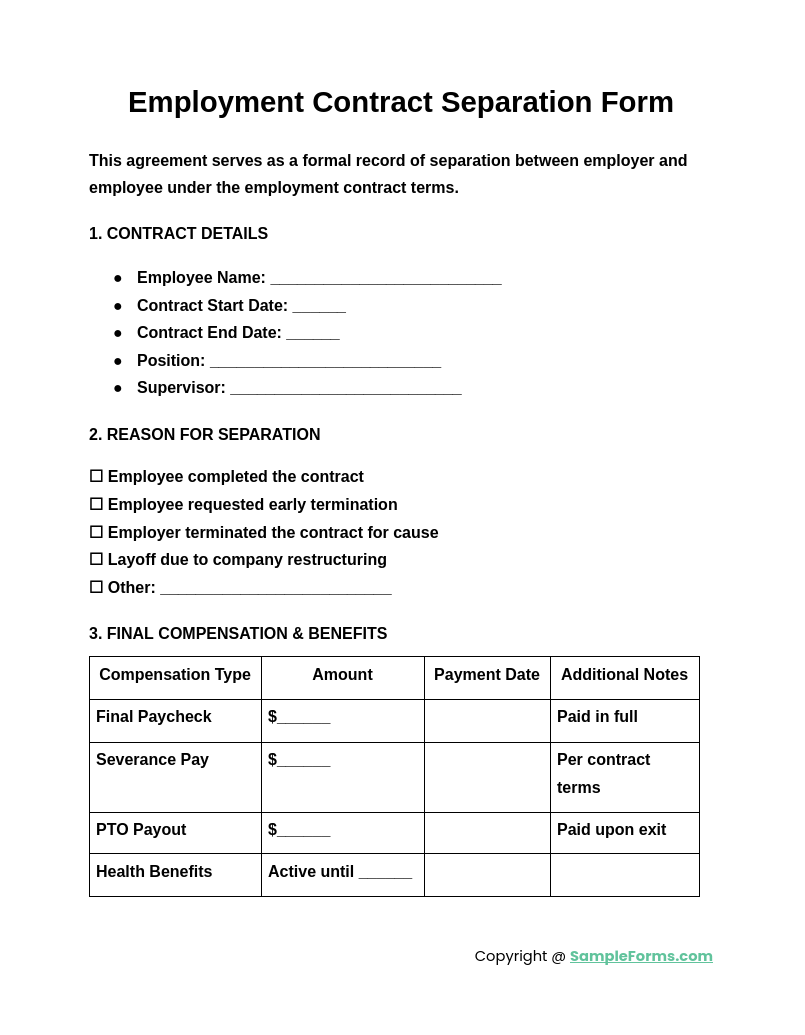 FREE 13+ Employment Separation Form Samples, PDF, MS Word, Google Docs