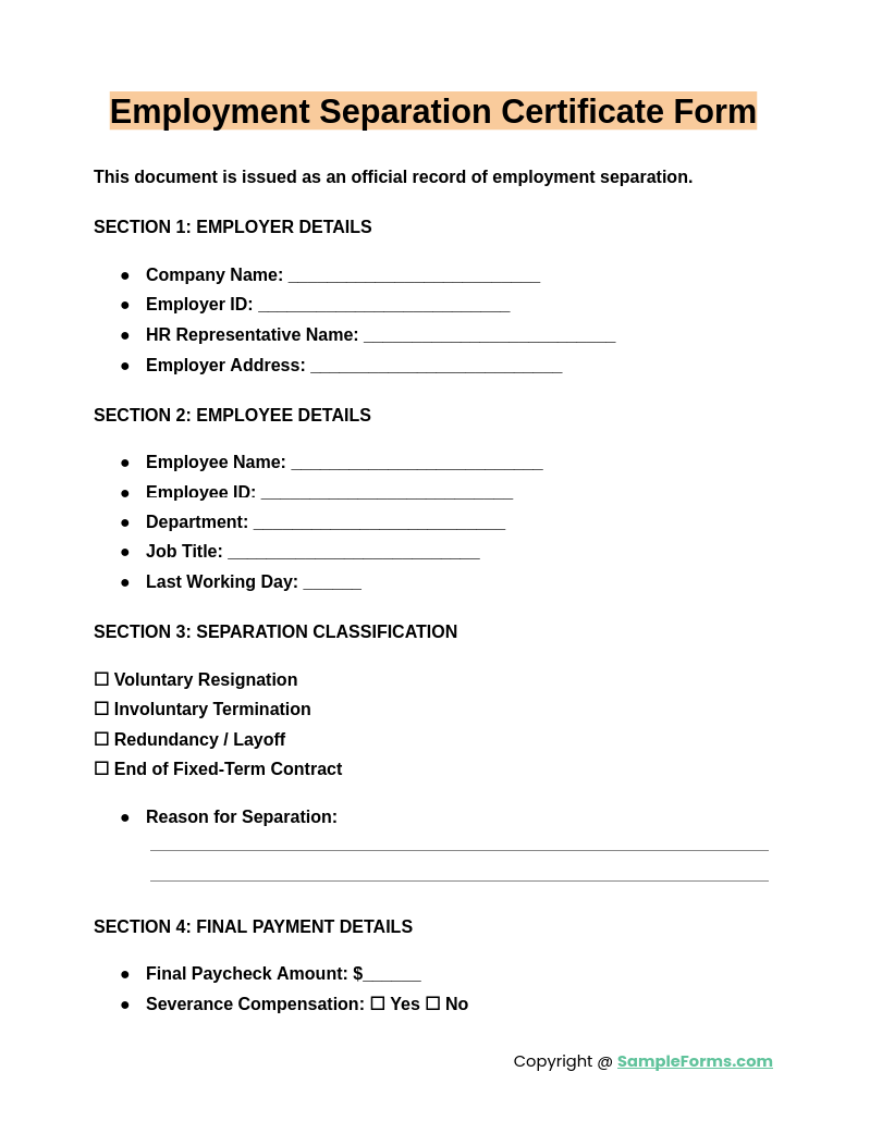 FREE 13+ Employment Separation Form Samples, PDF, MS Word, Google Docs