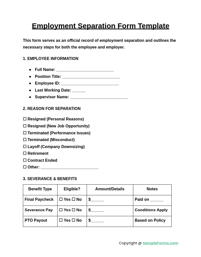 FREE 13+ Employment Separation Form Samples, PDF, MS Word, Google Docs