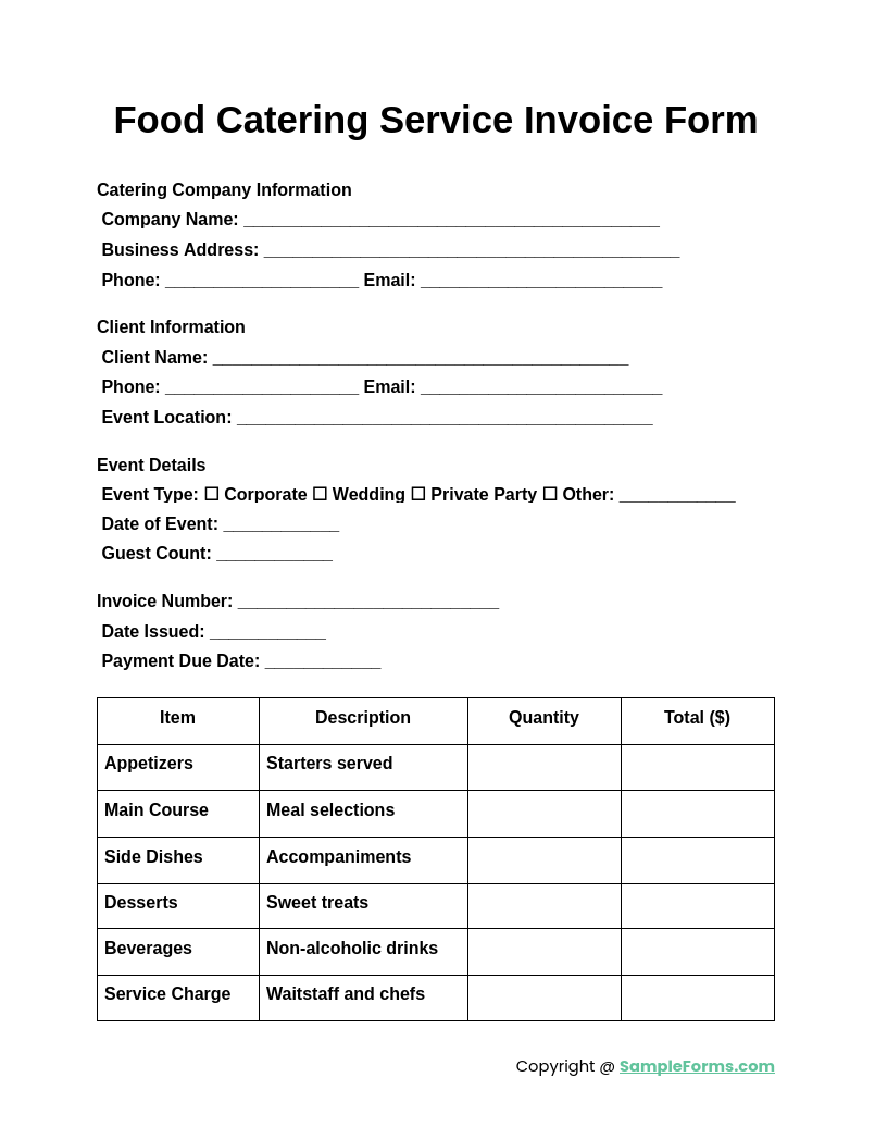 FREE 12+ Catering Invoice Form Samples, PDF, MS Word, Google Docs