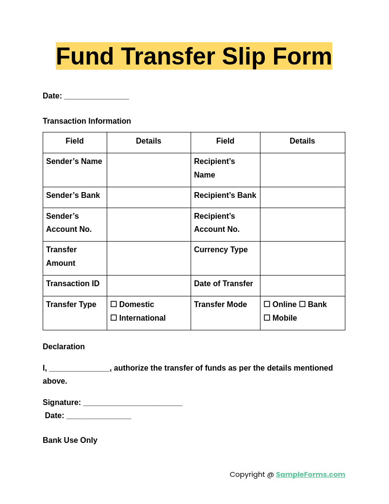 FREE 11+ Fund Transfer Form Samples, PDF, MS Word, Google Docs, Excel