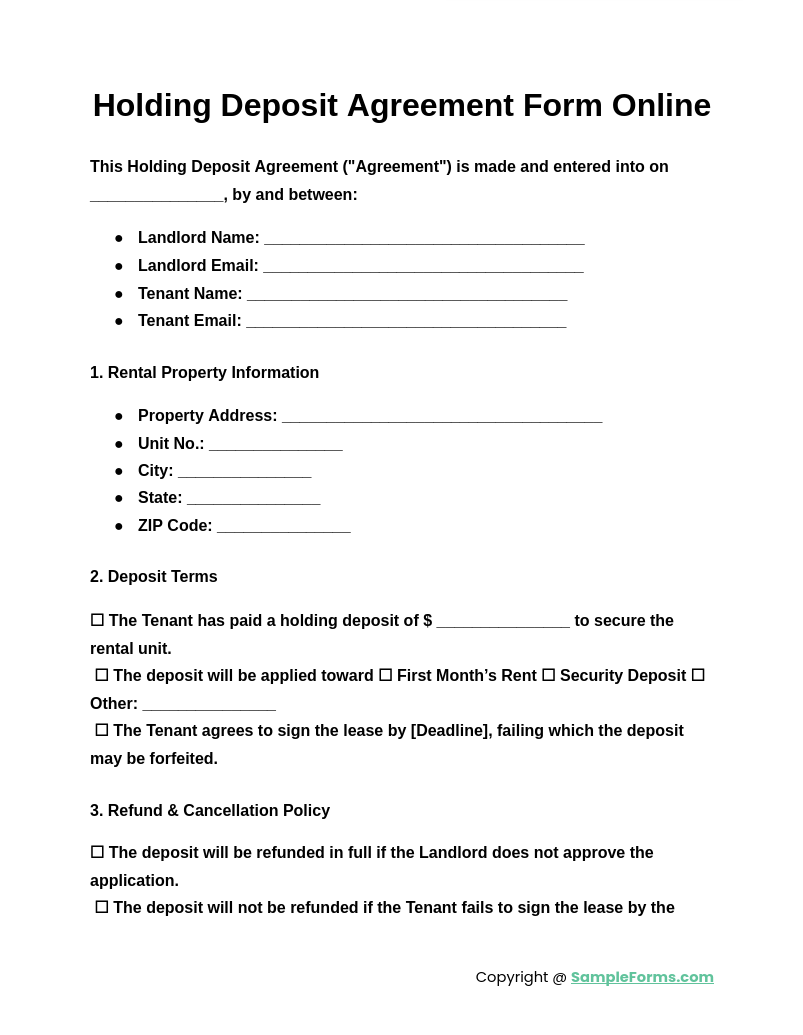 FREE 13+ Holding Deposit Agreement Form Samples, PDF, MS Word, Google Docs