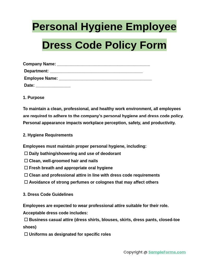 FREE 12+ Employee Dress Code Policy Form Samples, PDF, MS Word, Google Docs
