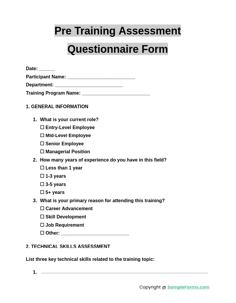 FREE 9+ Pre Training Assessment Form Samples, PDF, MS Word, Google Docs