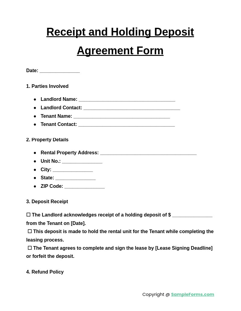 FREE 13+ Holding Deposit Agreement Form Samples, PDF, MS Word, Google Docs