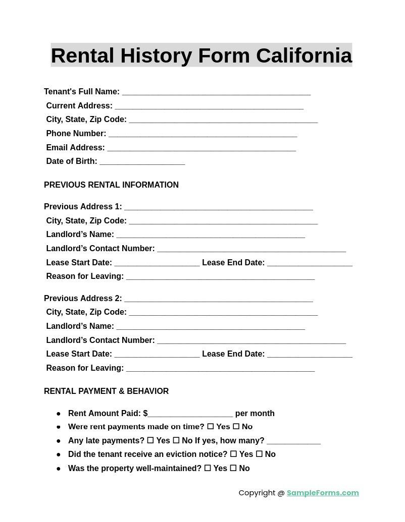 FREE 9+ Rental History Form Samples, PDF, MS Word, Google Docs