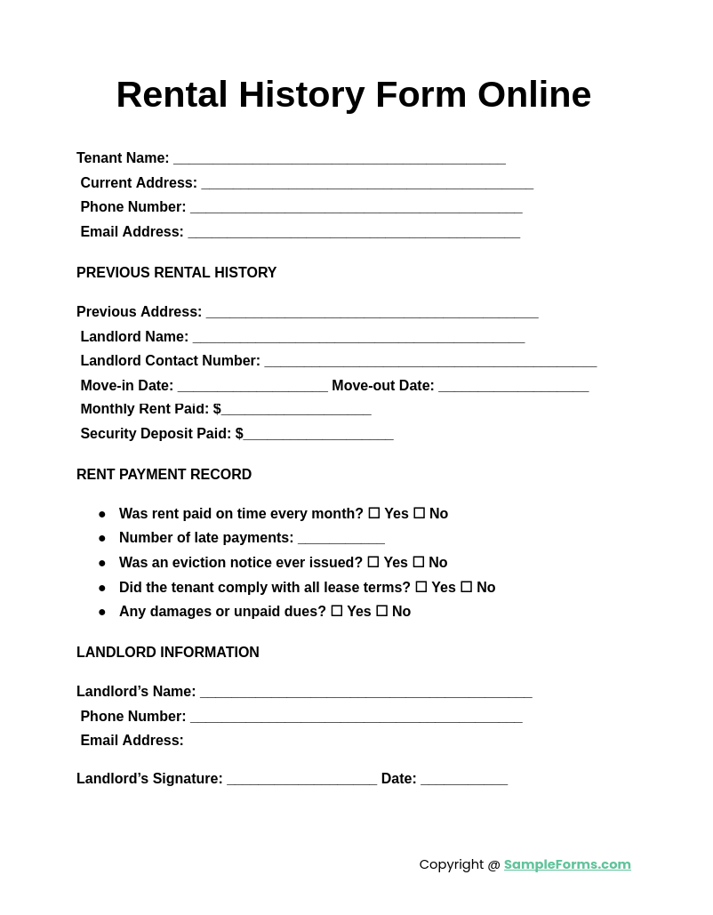 FREE 9+ Rental History Form Samples, PDF, MS Word, Google Docs