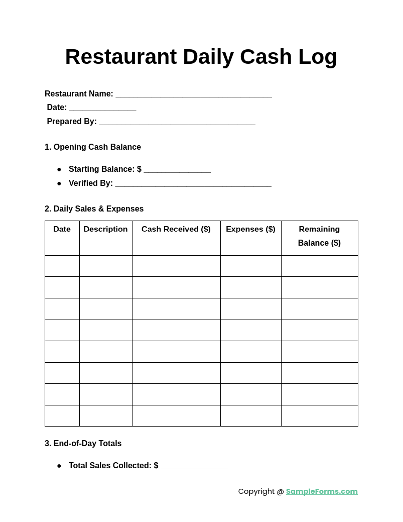 FREE 11+ Daily Cash Log Samples, PDF, MS Word, Google Docs, Excel