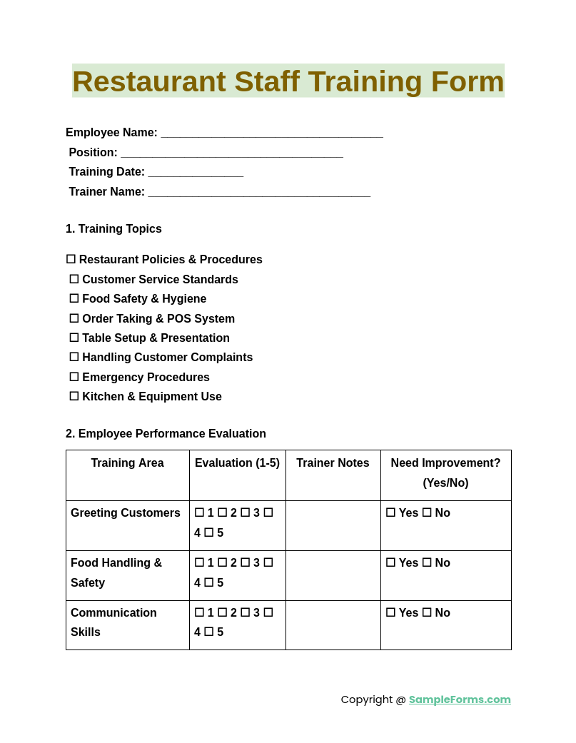 FREE 11+ Restaurant Training Form Samples, PDF, MS Word, Google Docs