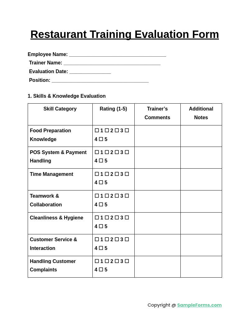 FREE 11+ Restaurant Training Form Samples, PDF, MS Word, Google Docs