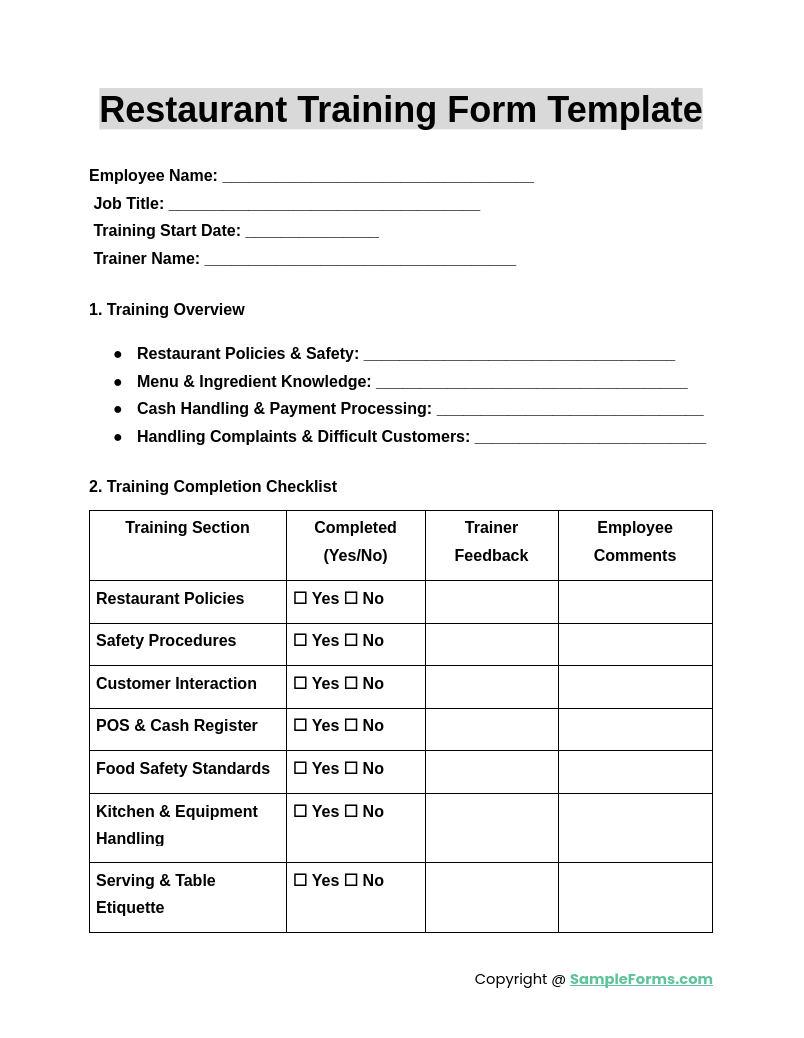 FREE 11+ Restaurant Training Form Samples, PDF, MS Word, Google Docs