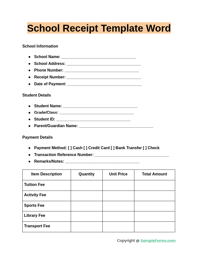 FREE 12+ School Receipt Form Samples, PDF, MS Word, Google Docs