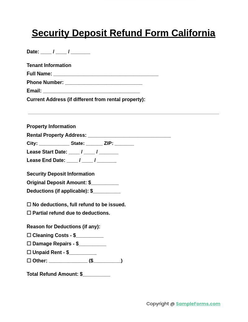 FREE 12+ Security Deposit Refund Form Samples, PDF, MS Word, Google Docs