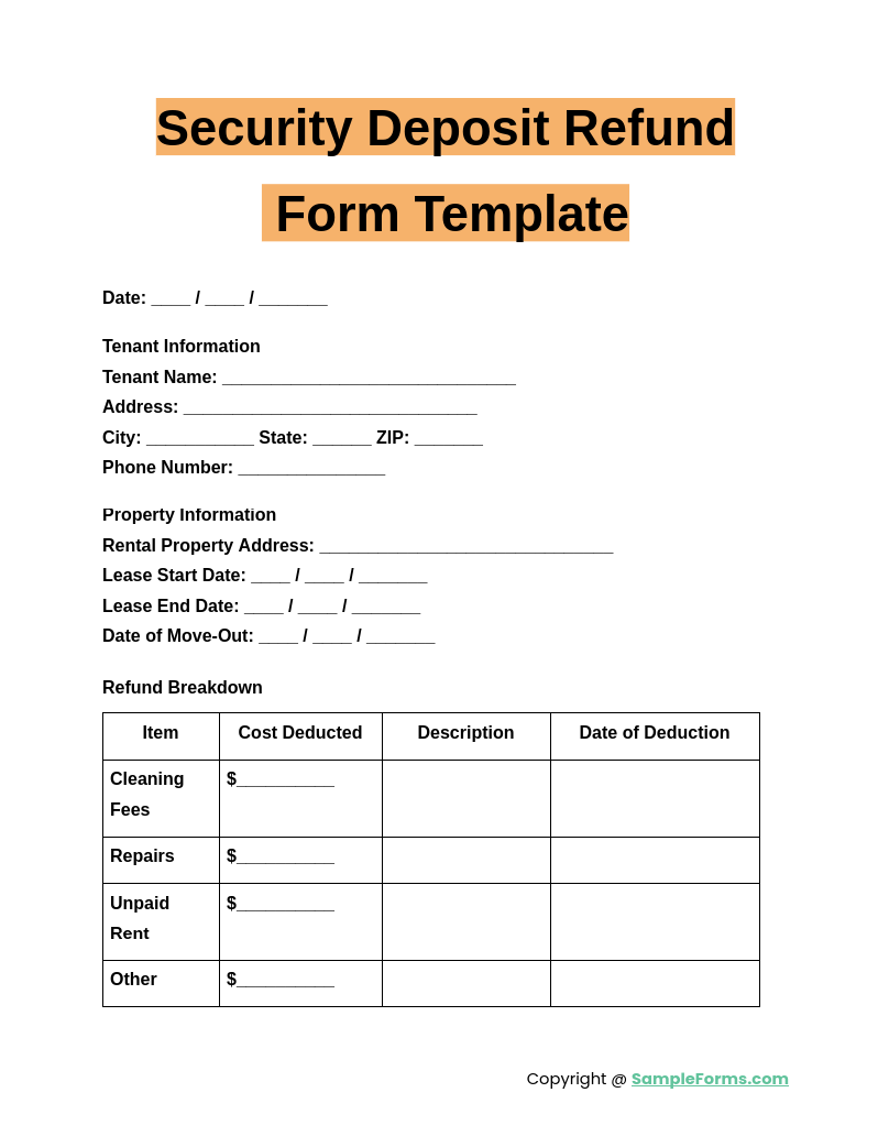 FREE 12+ Security Deposit Refund Form Samples, PDF, MS Word, Google Docs