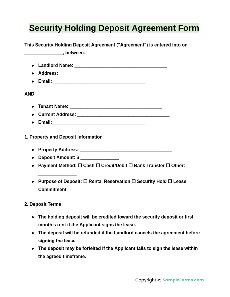 FREE 13+ Holding Deposit Agreement Form Samples, PDF, MS Word, Google Docs