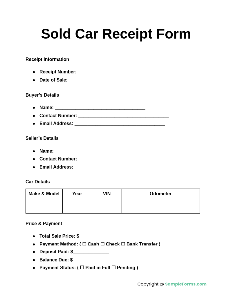 FREE 11+ Car Receipt Form Samples, PDF, MS Word, Google Docs