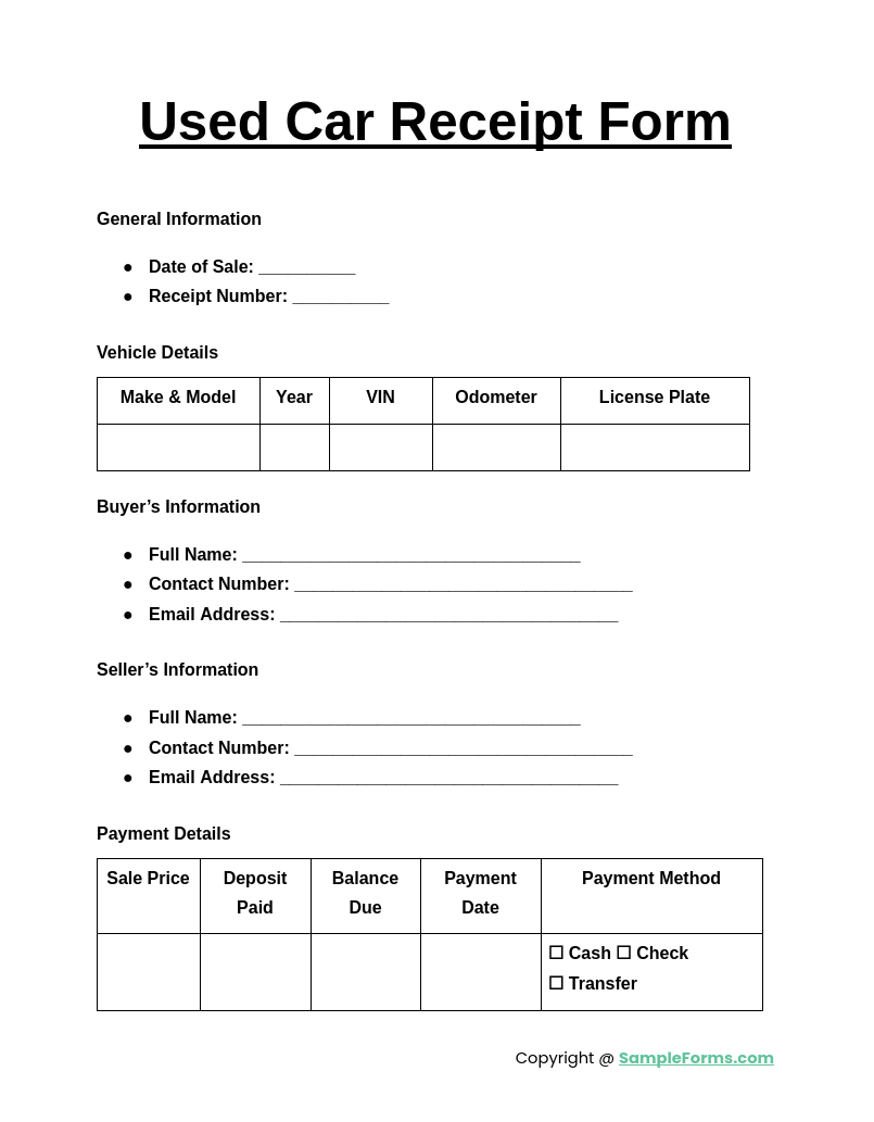 FREE 11+ Car Receipt Form Samples, PDF, MS Word, Google Docs