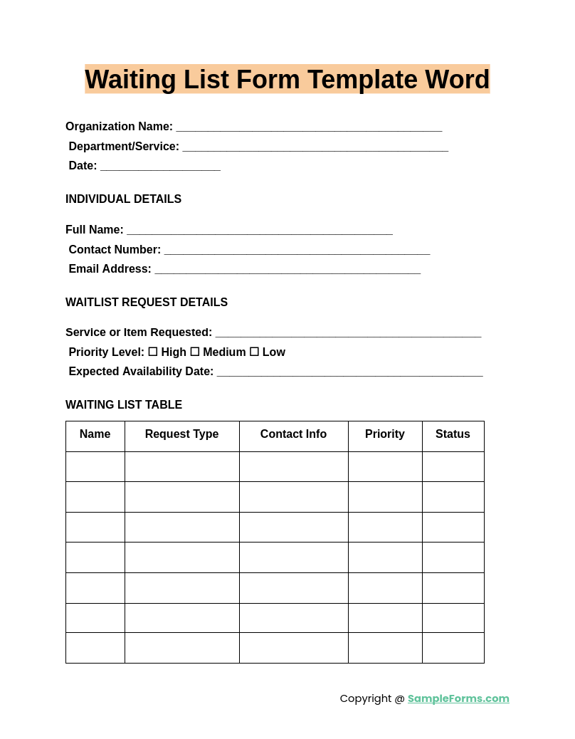 FREE 29+ Waiting List Form Samples, PDF, MS Word, Google Docs, Excel